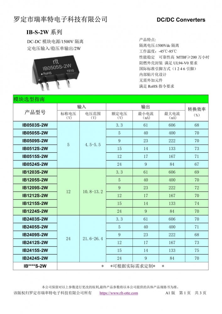 RLT IB0505S-2W datasheet page 1