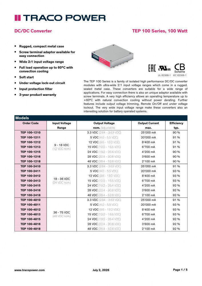 TEP 100 series technical document, page 1
