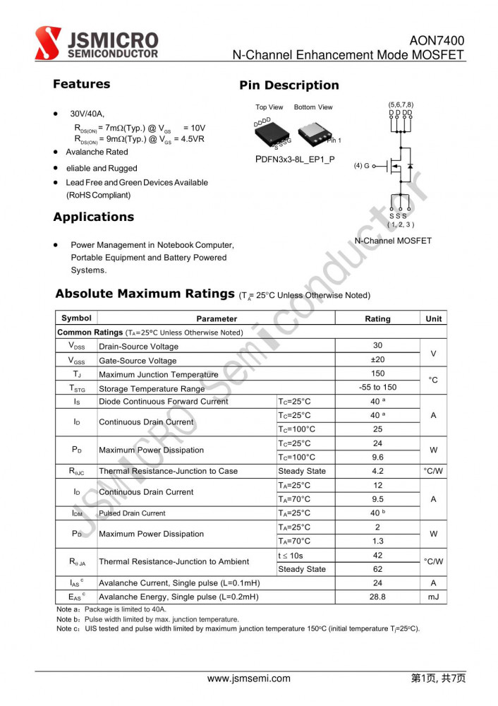 AON7400-JSM datasheet page 1