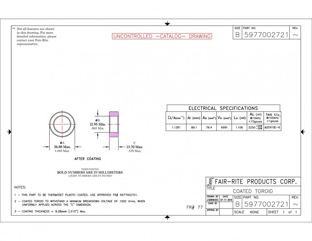 Fair-Rite 5977001721 technical document preview