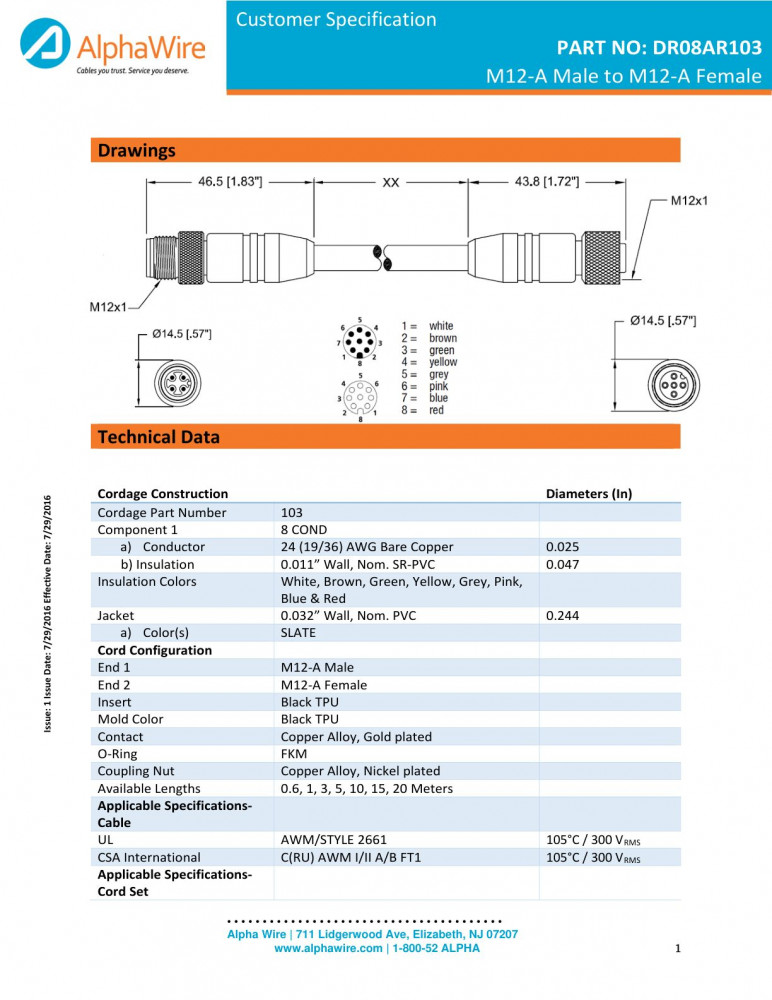 Alpha Wire DR08AR103 SL400 product drawing