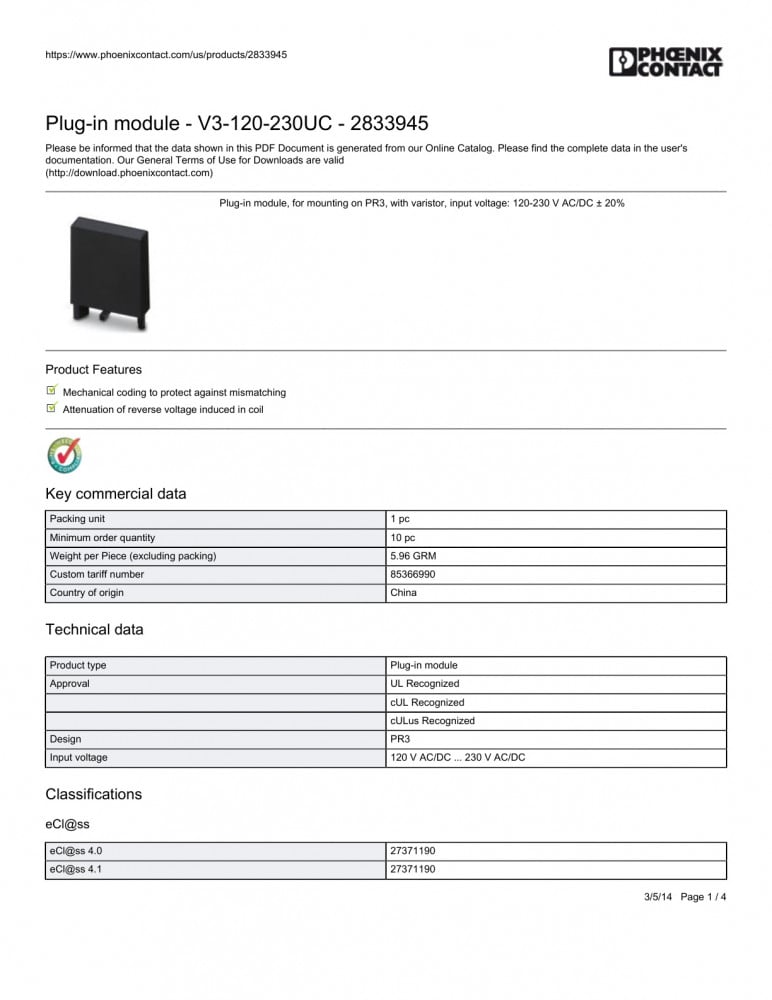 Phoenix Contact 2833945 technical document page 1