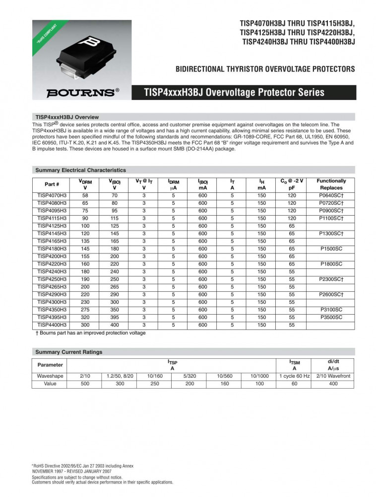 TISP4xxxH3BJ datasheet page 1