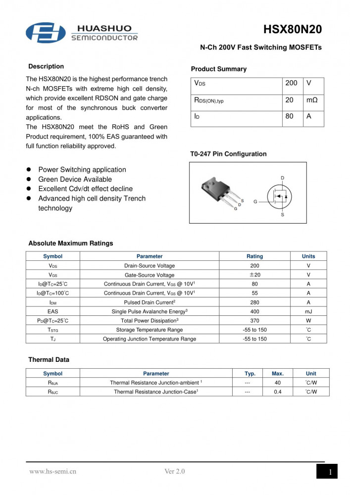 HSX80N20 datasheet page 1