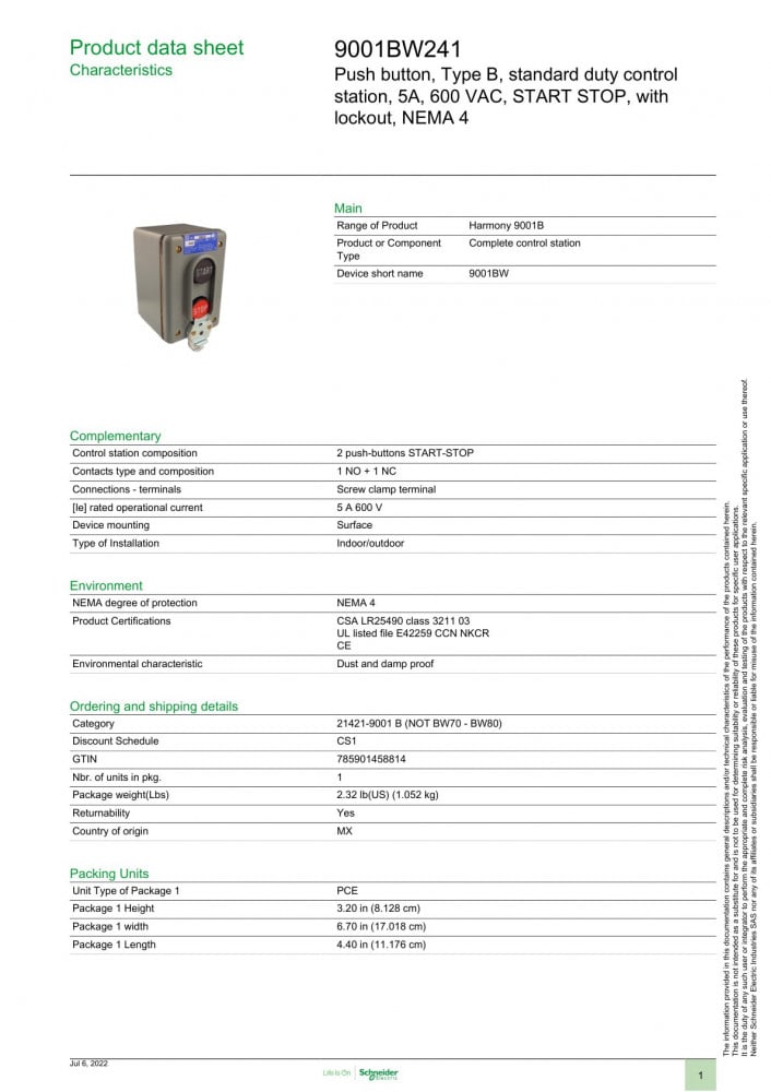 9001BW241 technical document page 1