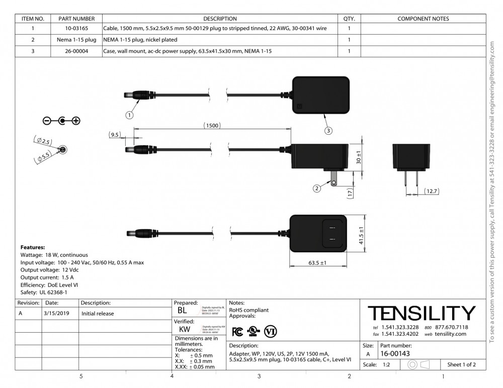 Tensility 16-00143 product drawing, page 1