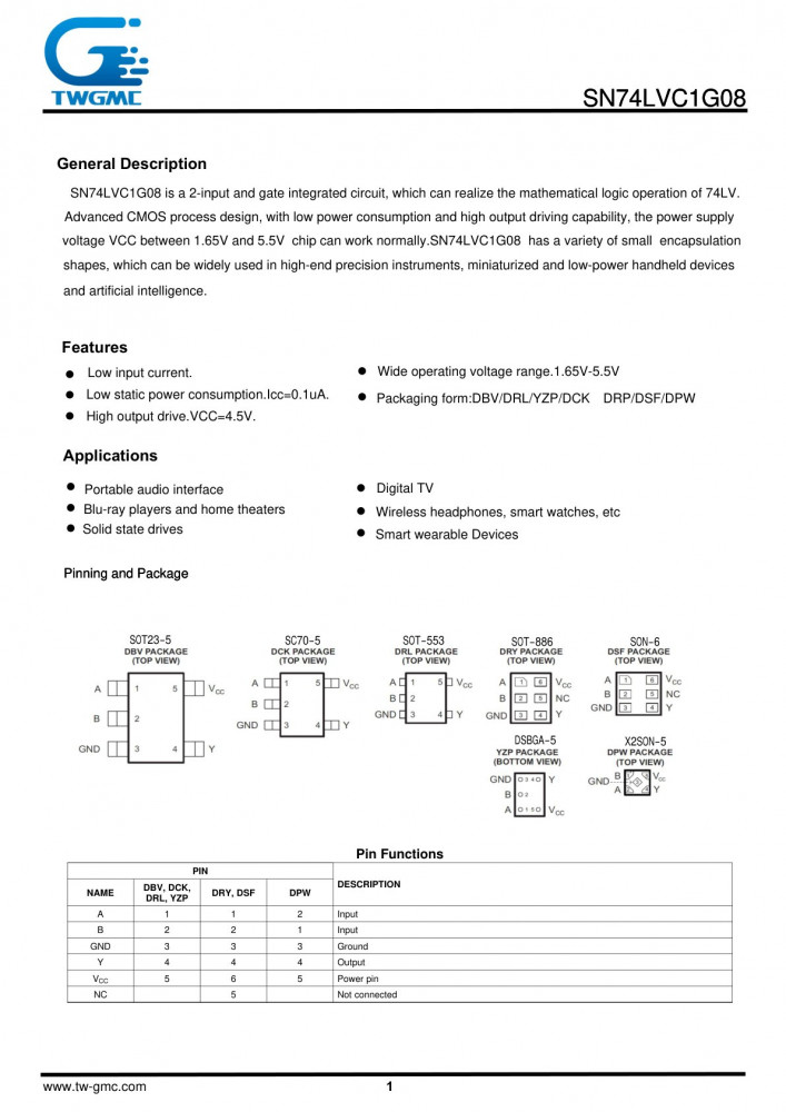 SN74LVC1G08DBVR datasheet page 1