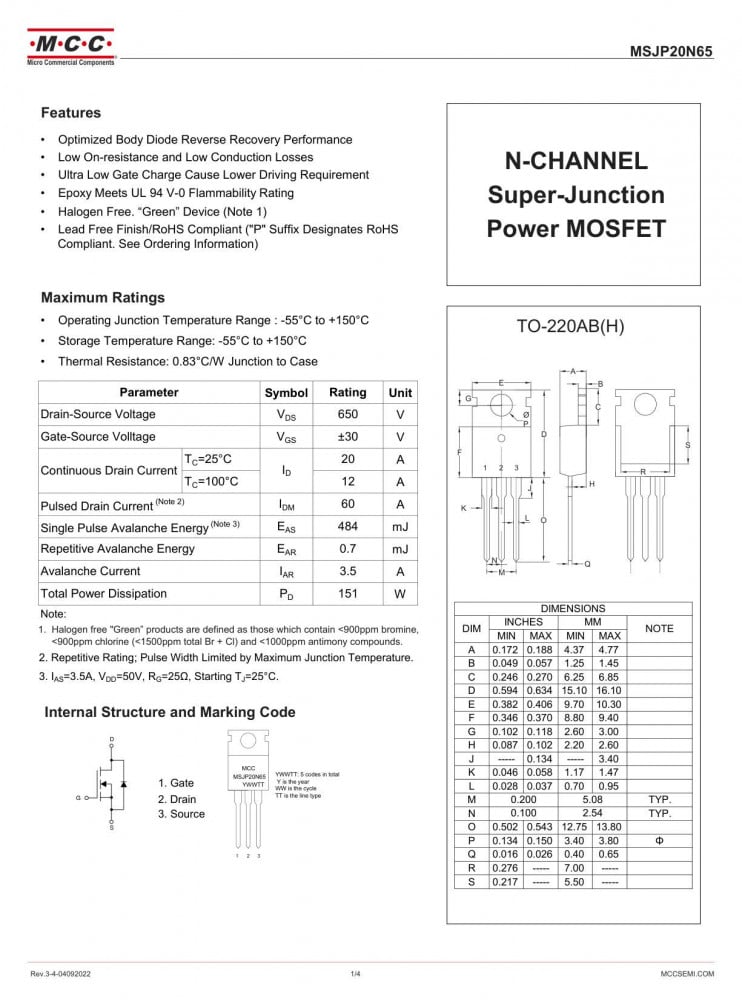 MSJP20N65-BP datasheet page 1