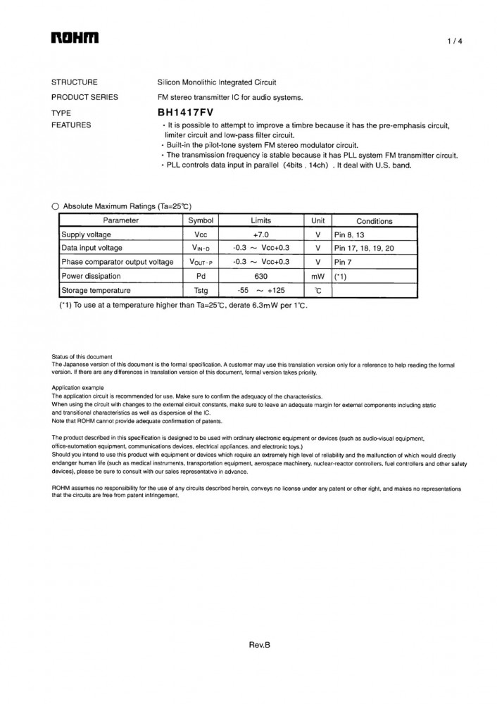 BH1417FV-E2 datasheet page 1