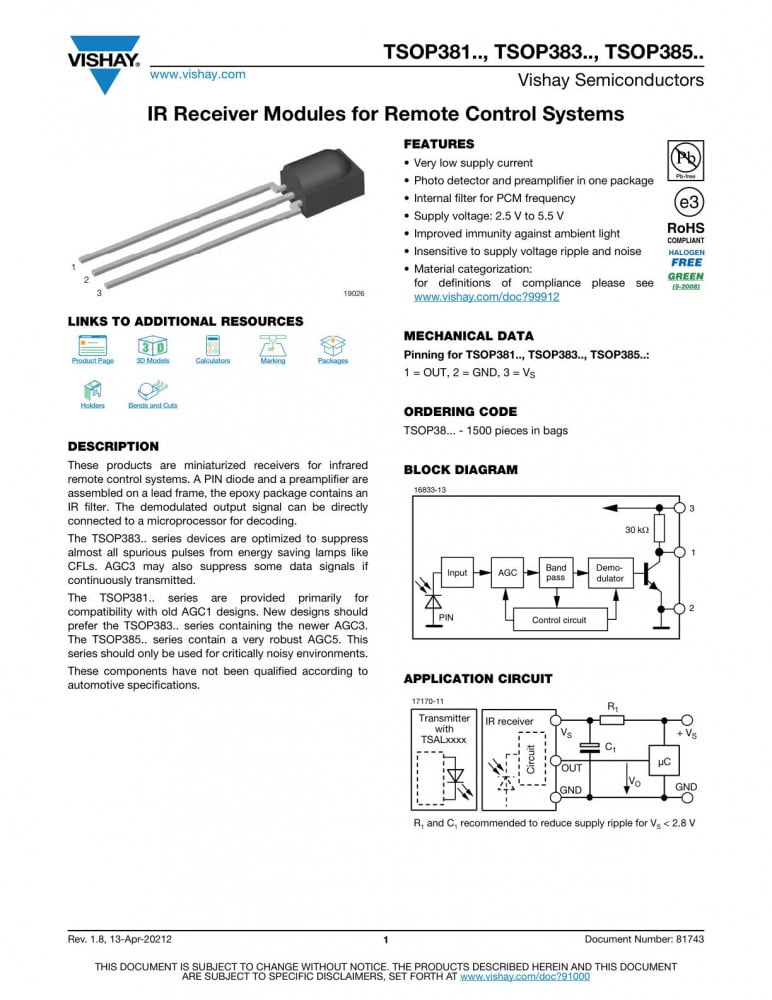 TSOP38336 datasheet page 1