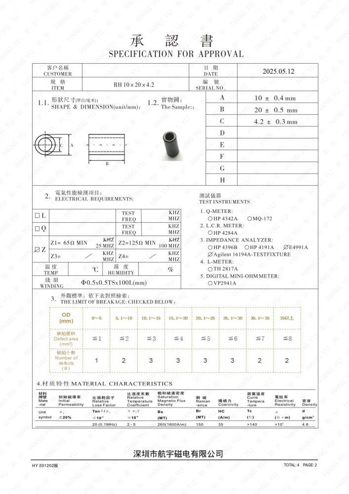 RH10×20×4.2 inspection data page