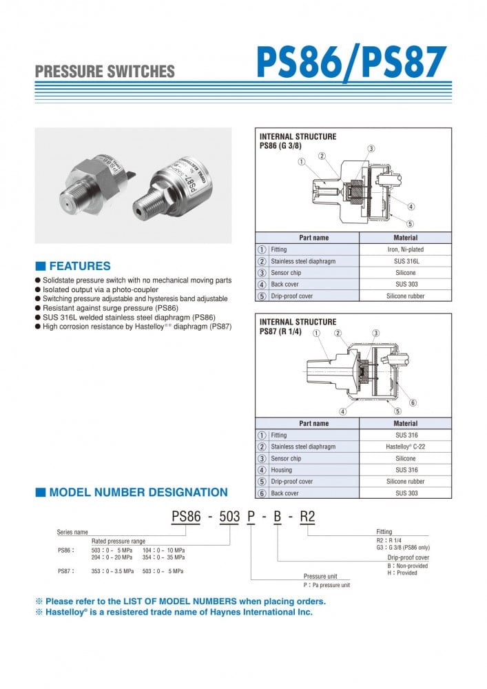 Nidec PS86 pressure switch datasheet page 1