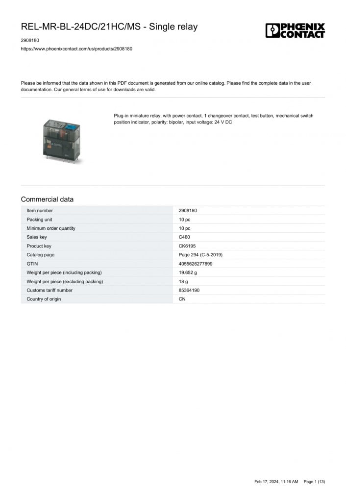Phoenix Contact 2908180 technical document page 1