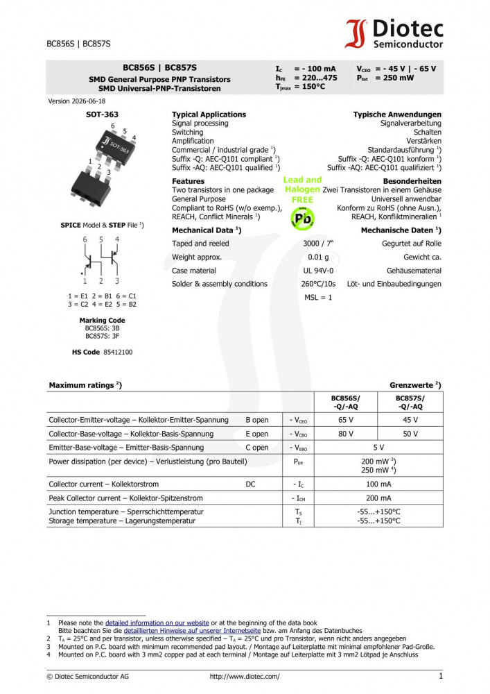 BC857S technical document page 1