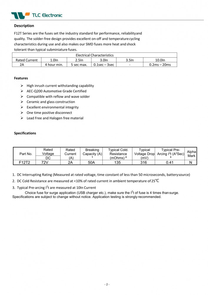 F12T2 specification sheet page 2