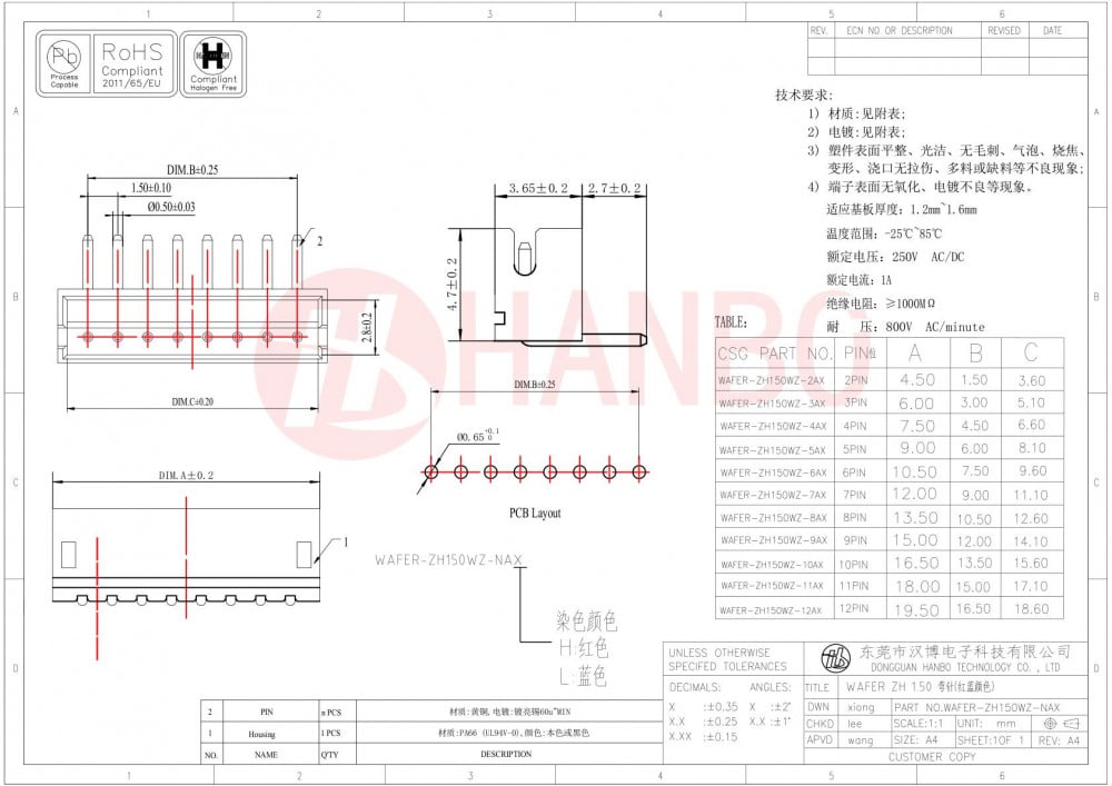 Hanbo Electronic WAFER-ZH150WZ-8AH technical drawing