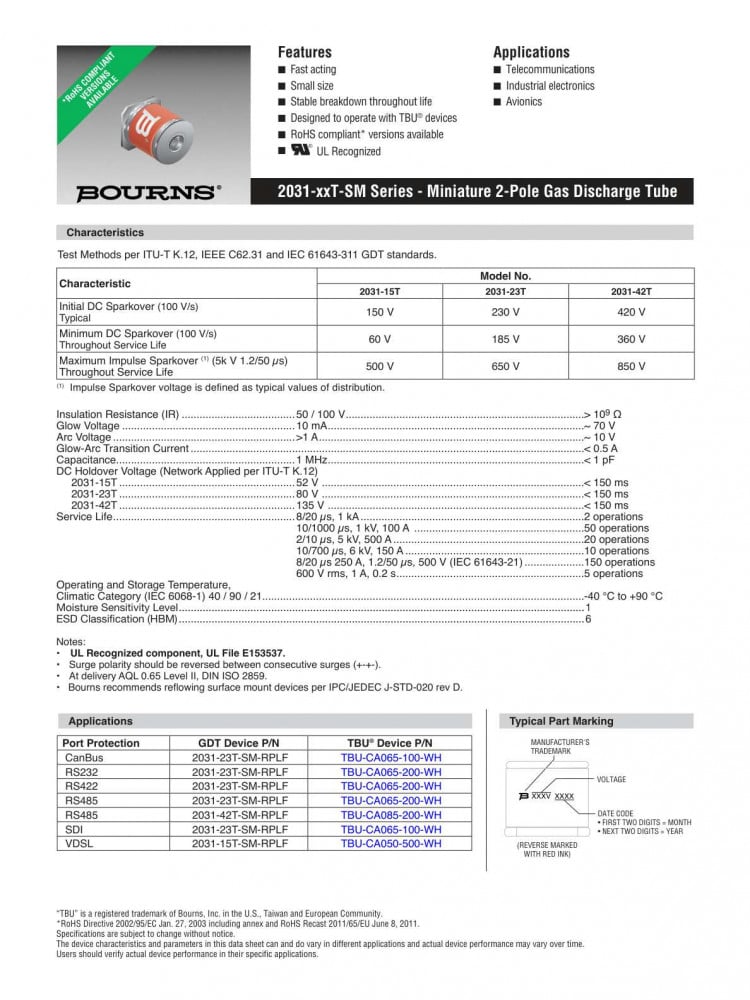 BOURNS 2031-xxT-SM series electrical characteristics and applications