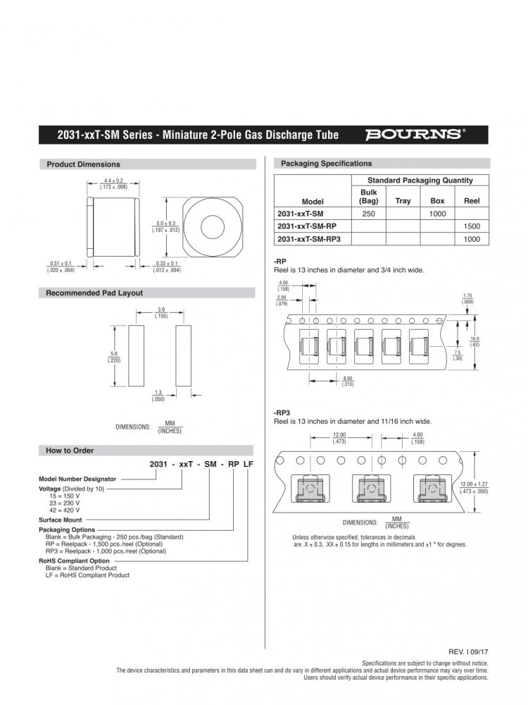 BOURNS 2031-xxT-SM series dimensions and ordering information