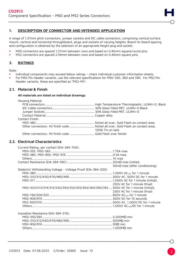 Harwin M50 and M52 specification page 2