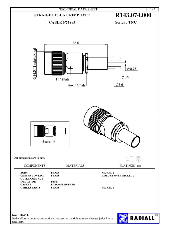 Radiall R143074000 technical datasheet page 1
