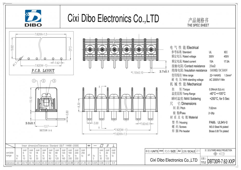 DBT30R-7.62-10P product specification sheet and PCB layout