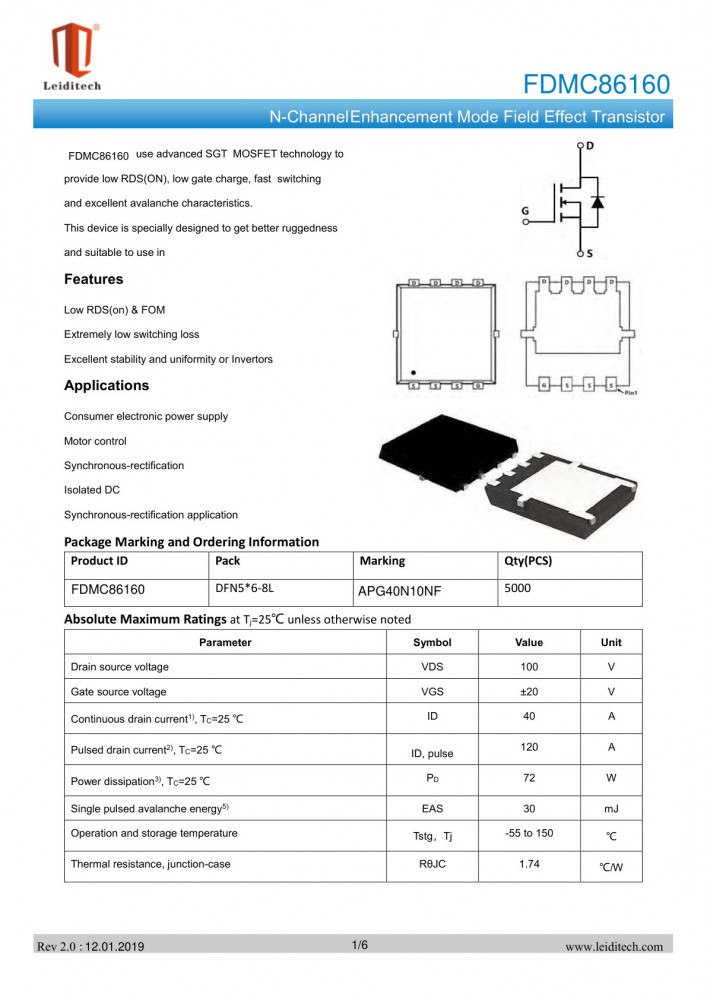 FDMC86160 datasheet page 1