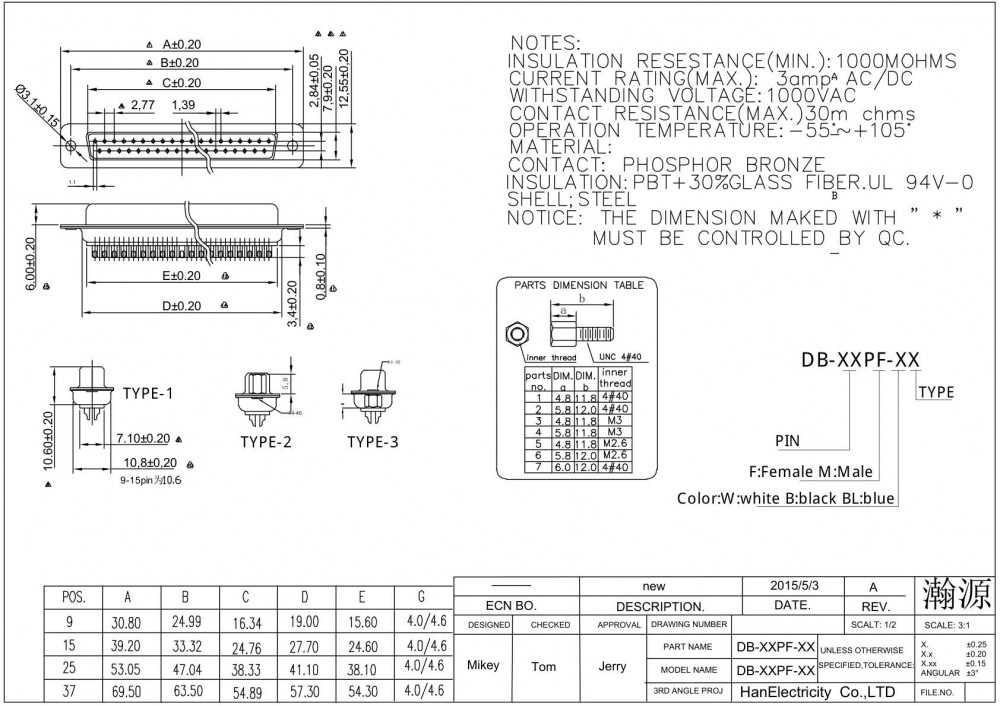 HanElectricity DB-9PF-BL1 technical drawing