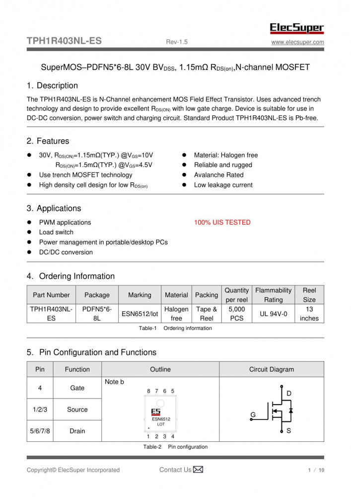 TPH1R403NL-ES datasheet page 1
