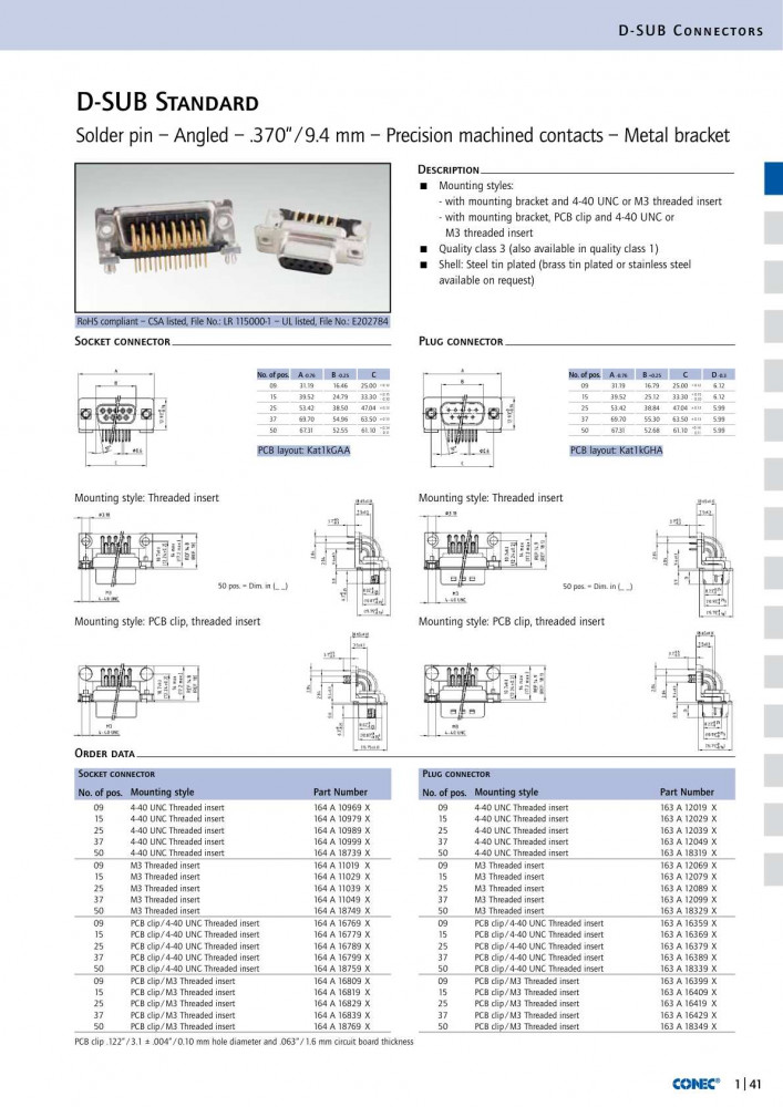 Conec D-Sub standard product documentation page for the 164A10969X connector family