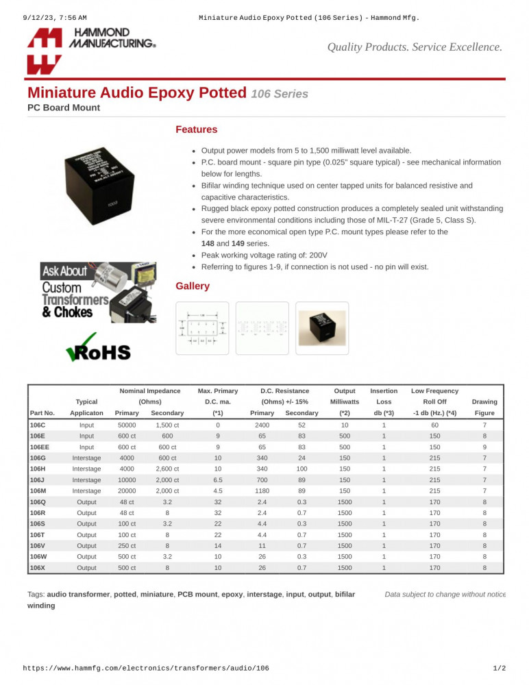 Hammond 106 Series technical document page 1