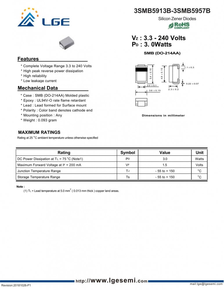3SMB5934B datasheet page 1