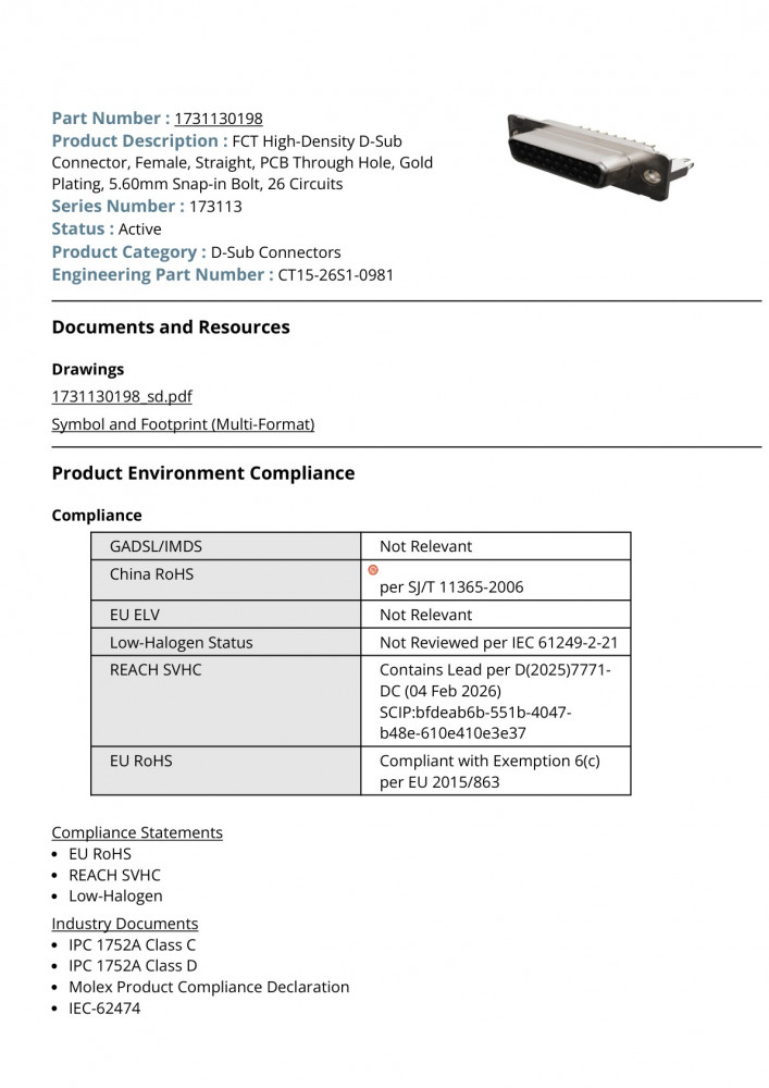 MOLEX 1731130198 technical drawing, page 1