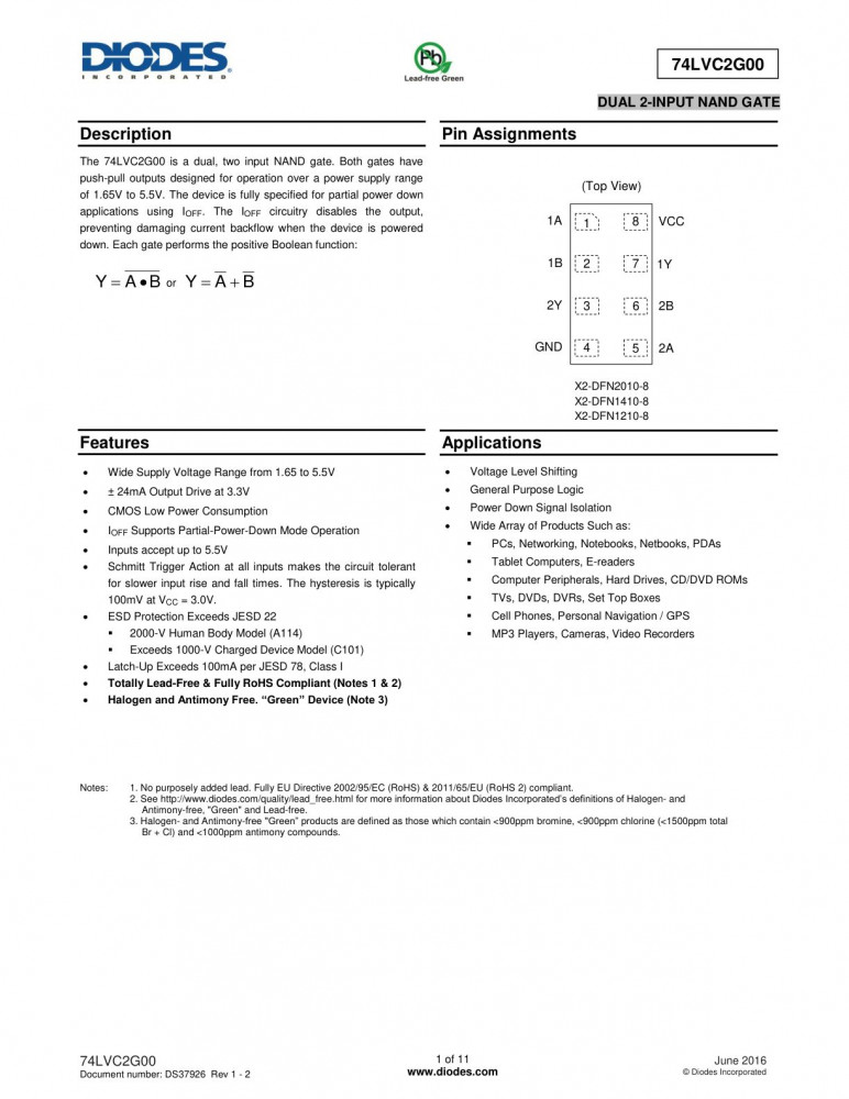 74LVC2G00RA3-7 datasheet page 1