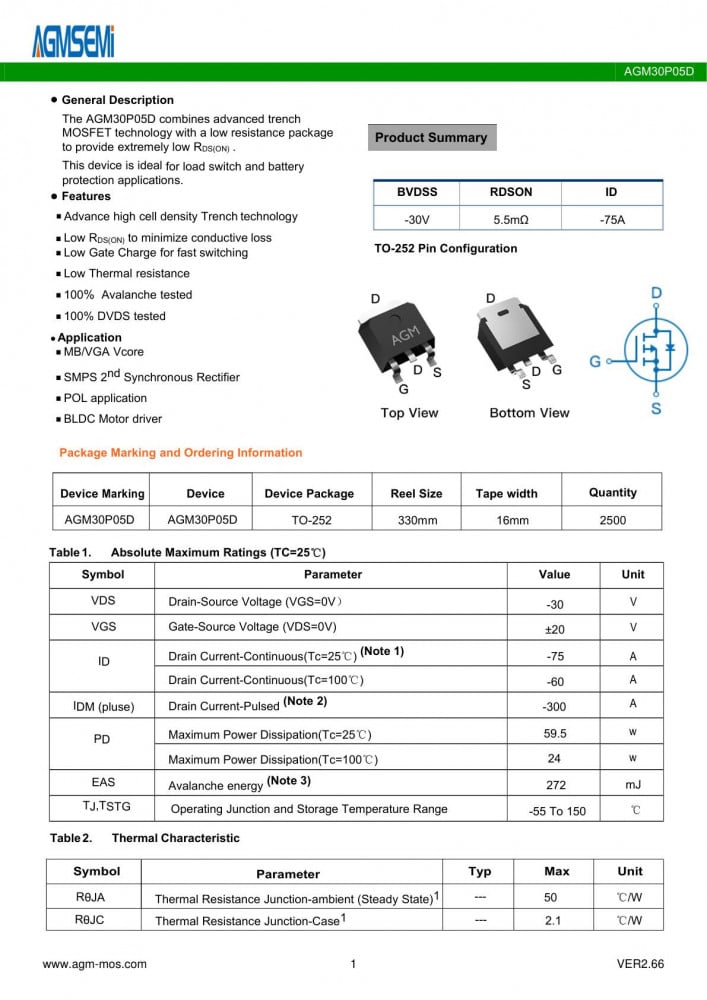 AGM30P05D datasheet page 1