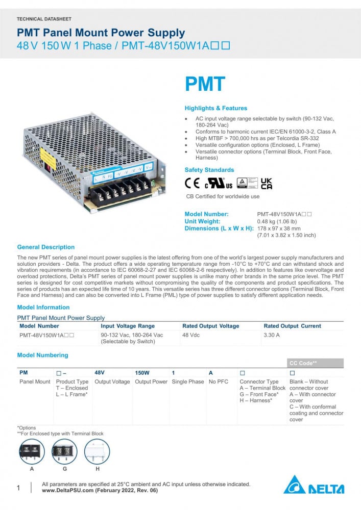 DELTA PMT-48V150W1AA datasheet page 1