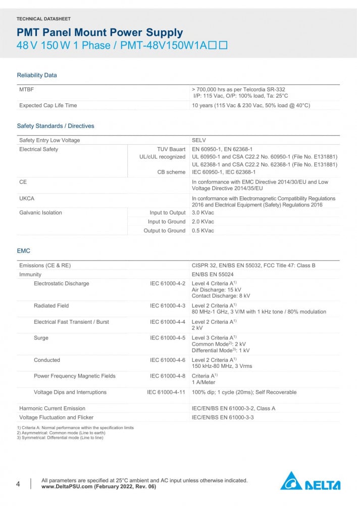 DELTA PMT-48V150W1AA datasheet page 4