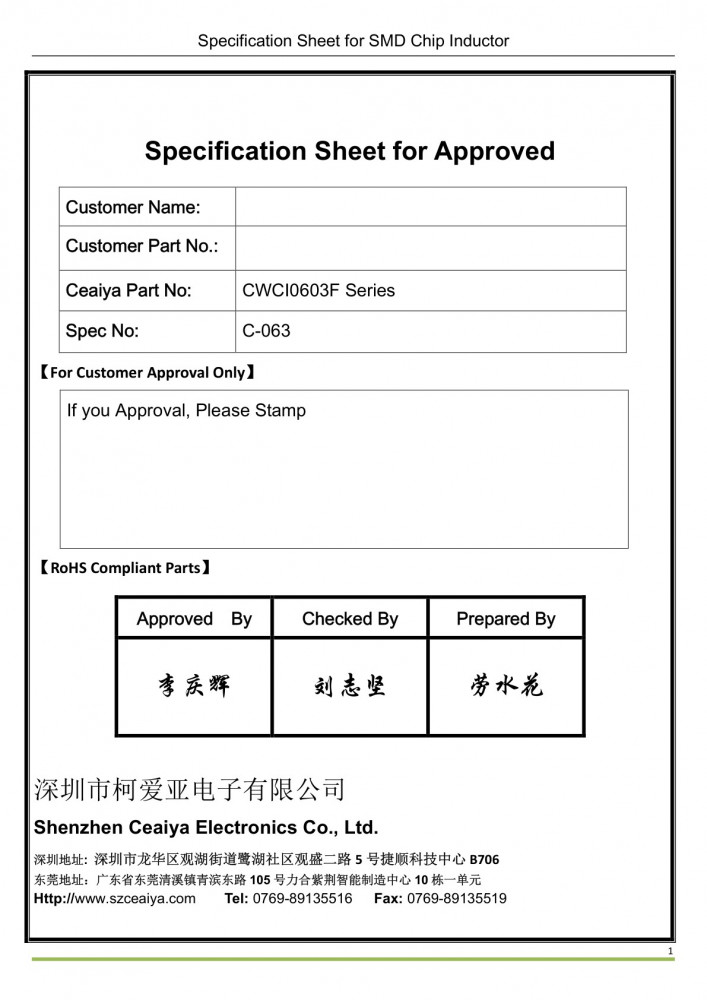CWCI0603F datasheet page 1
