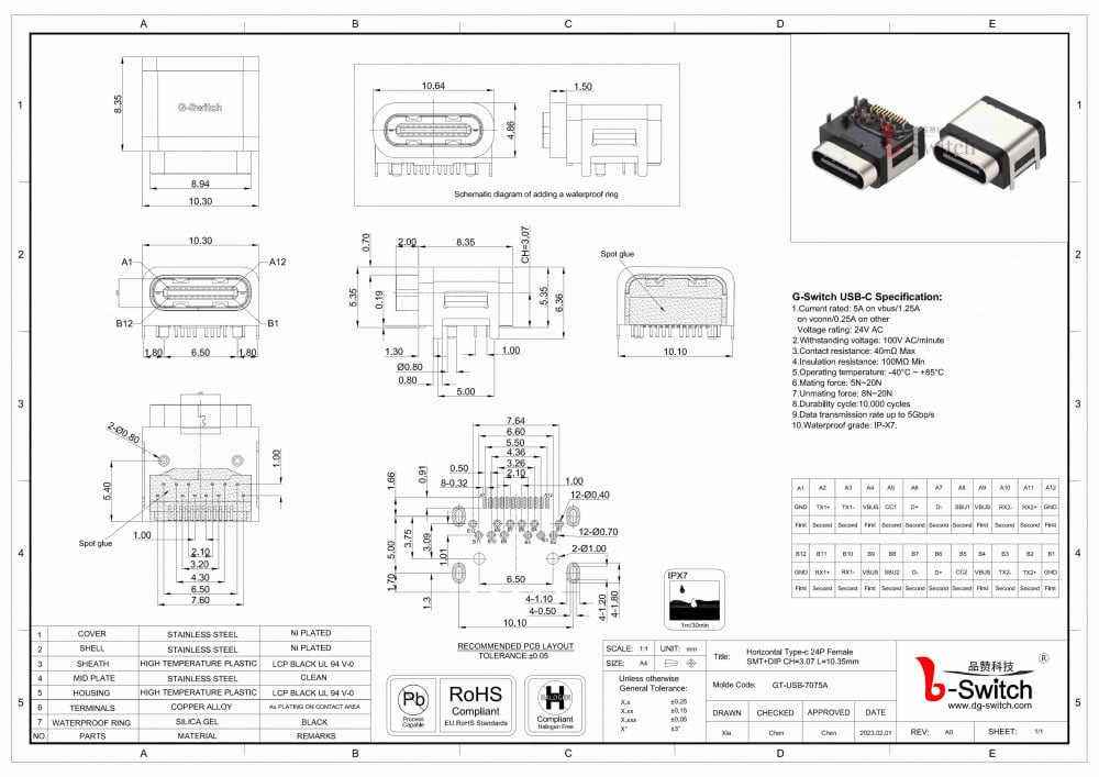GT-USB-7075A technical drawing page 1