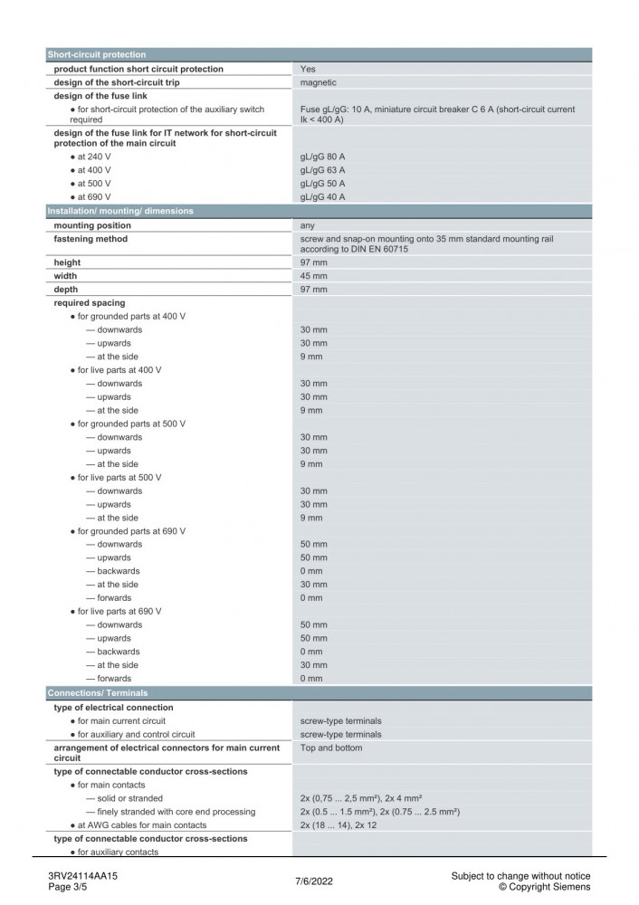 SIEMENS 3RV24114AA15 datasheet page 3