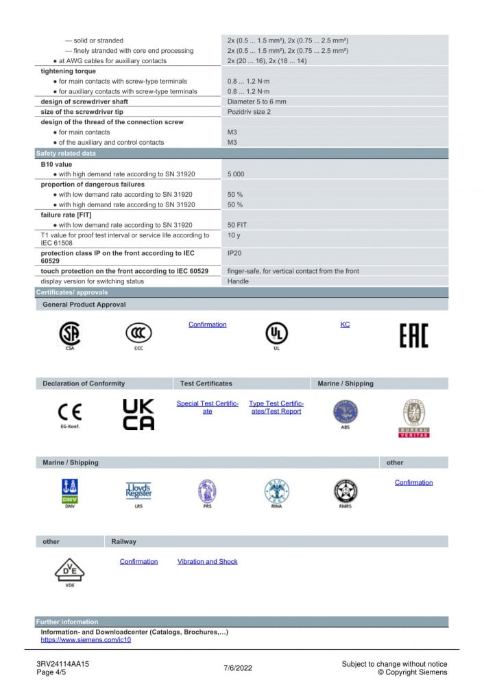 SIEMENS 3RV24114AA15 datasheet page 4