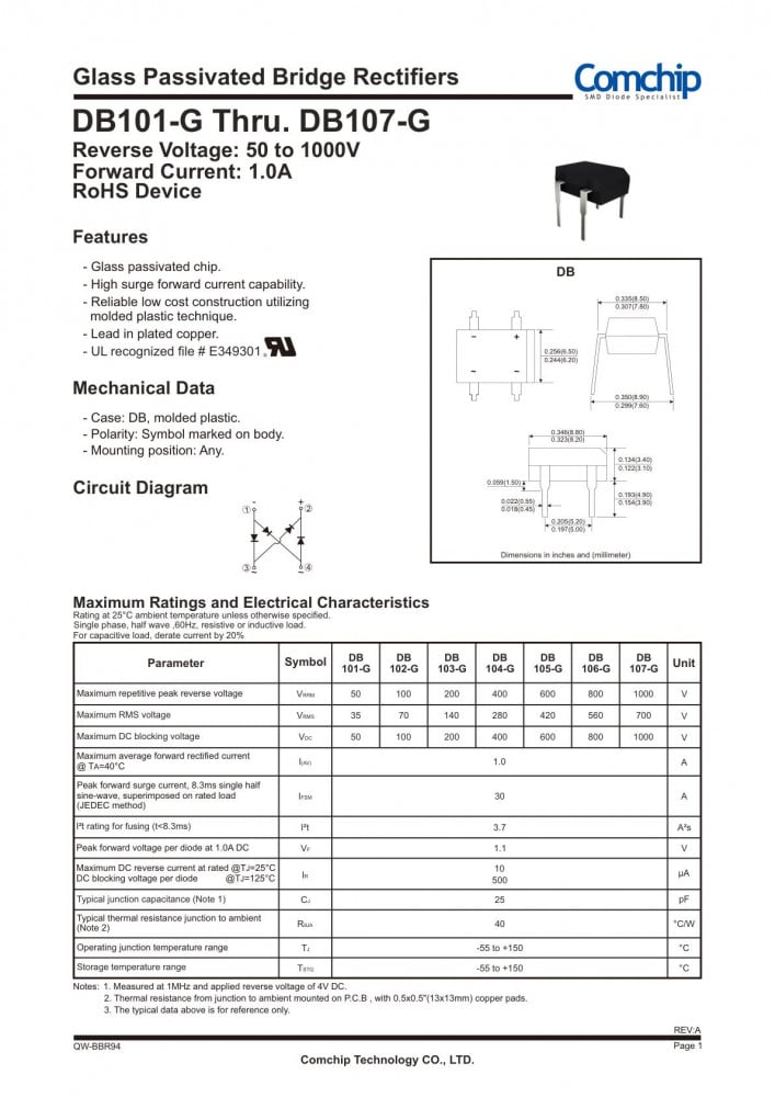 Comchip DB105-G datasheet page 1