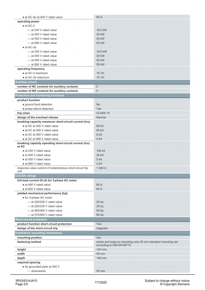 3RV24314JA10 technical document page 2