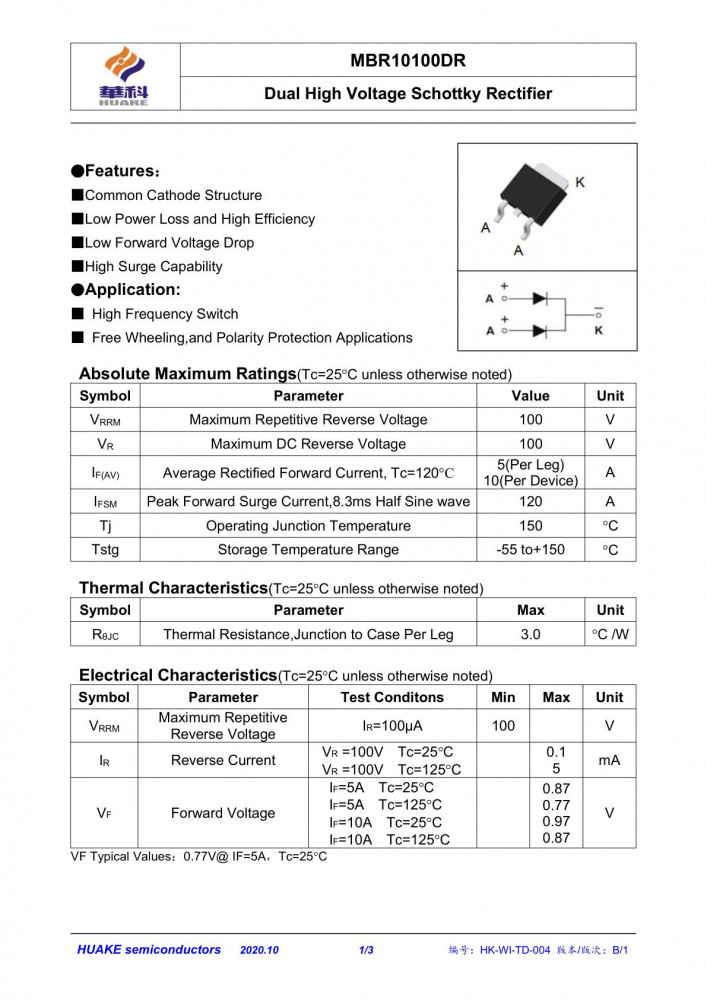 MBR10100DR datasheet page 1