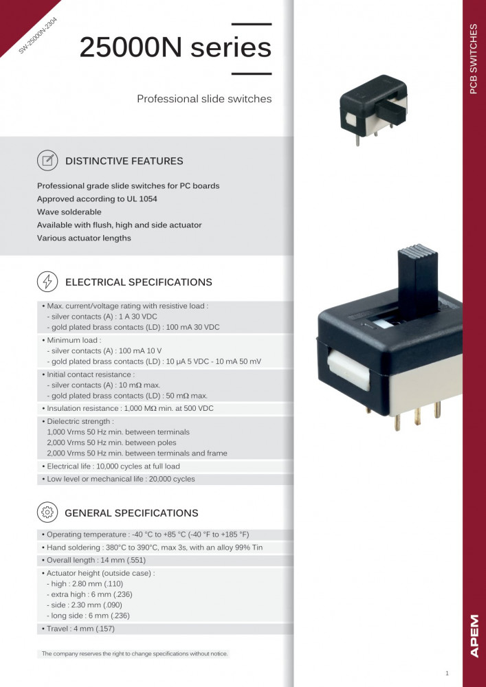 APEM 25000N series datasheet page 1
