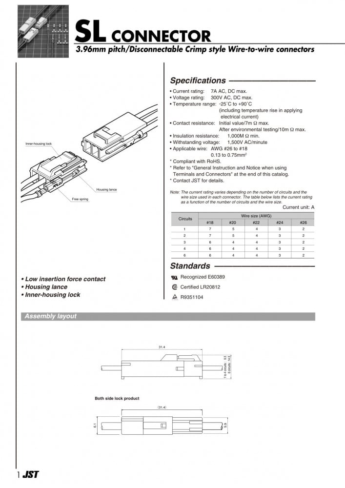 JST SL connector specifications page