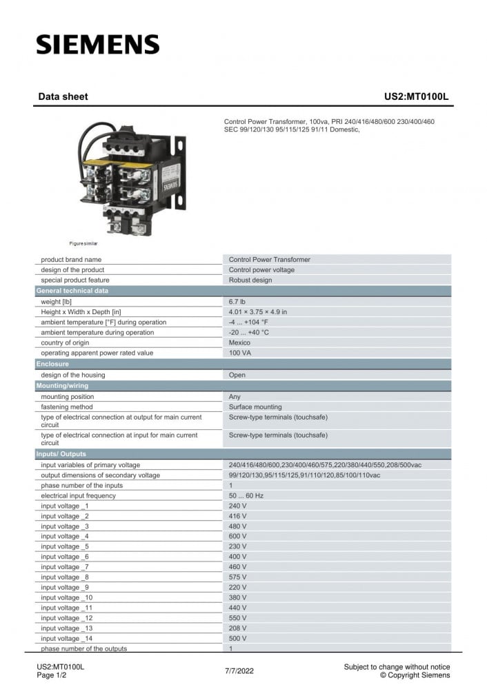 SIEMENS MT0100L datasheet page 1