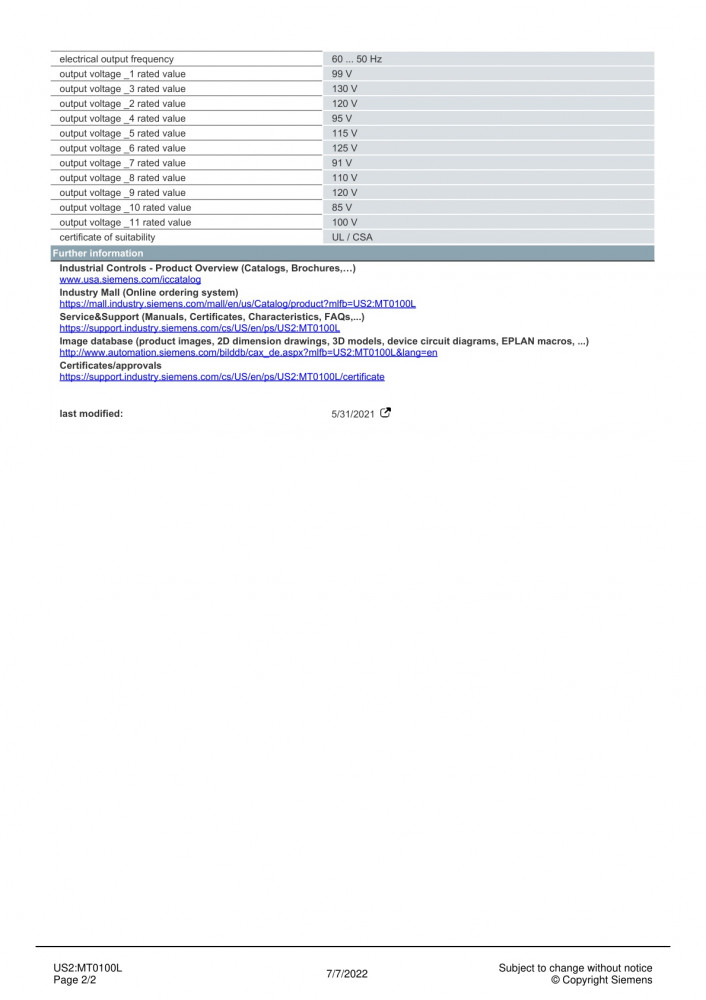 SIEMENS MT0100L datasheet page 2
