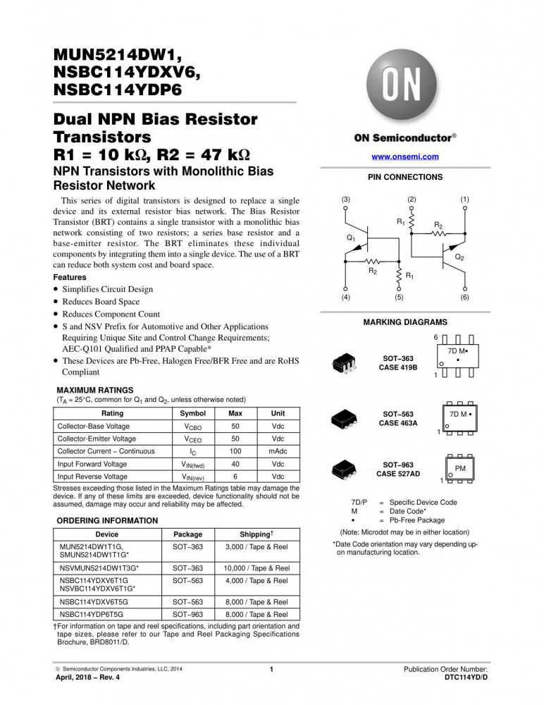 SMUN5214DW1T1G datasheet page 1