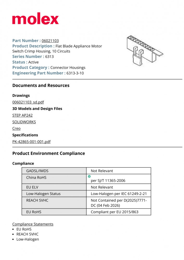 MOLEX 06021103 technical document image, page 1