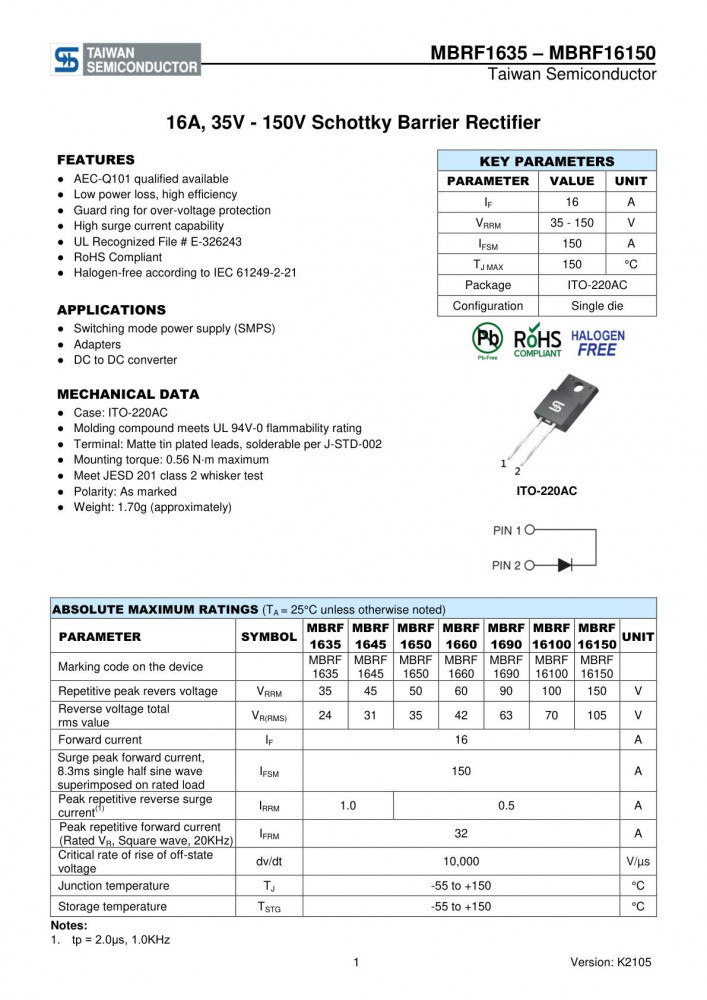 MBRF1650 datasheet page 1